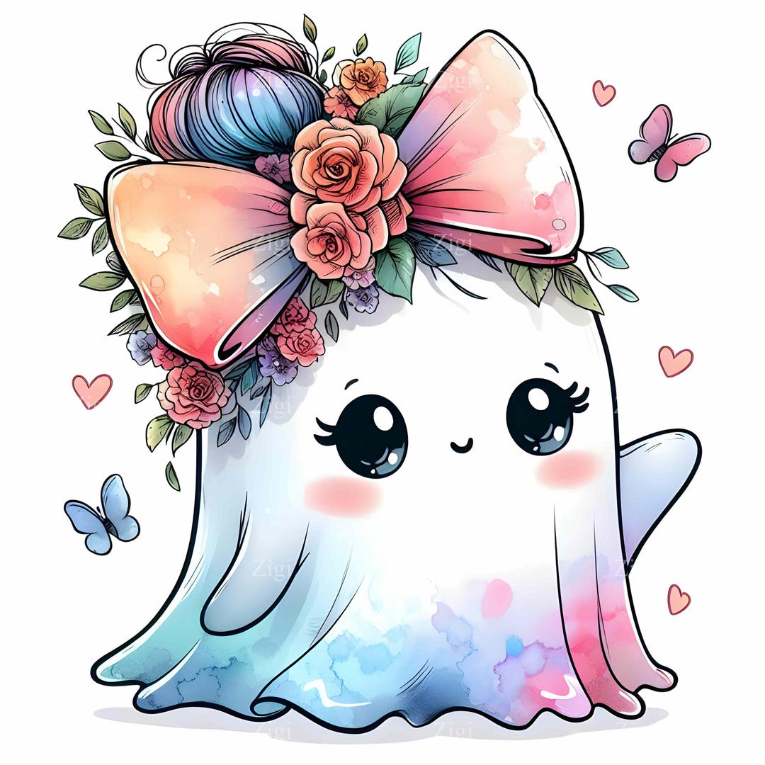 15 JPEG Cute Ghost Clipart With Floral Bow, Kawaii Halloween Ghost JPEG ...