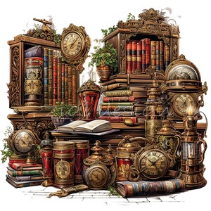 Vintage Bookshelf Clipart PNG, 15 Antique Books and Decor, Steampunk ...