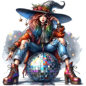 12 Disco Witch PNG – Trendy Halloween Witch Clipart on Mirror Ball With ...