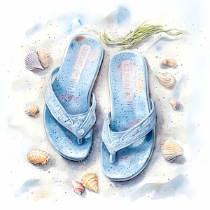 24 JPG Beach Flip Flops Illustration Watercolor, Seashell Summer ...