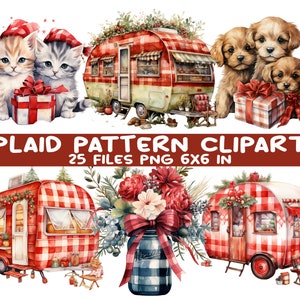 Watercolor Christmas Plaid Pattern Clipart Bundle, 25 PNG Winter ...
