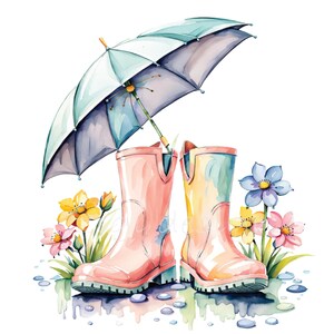 Rain Boots Clipart Bundle, 20 PNG Watercolor Umbrella Rubber Boots ...