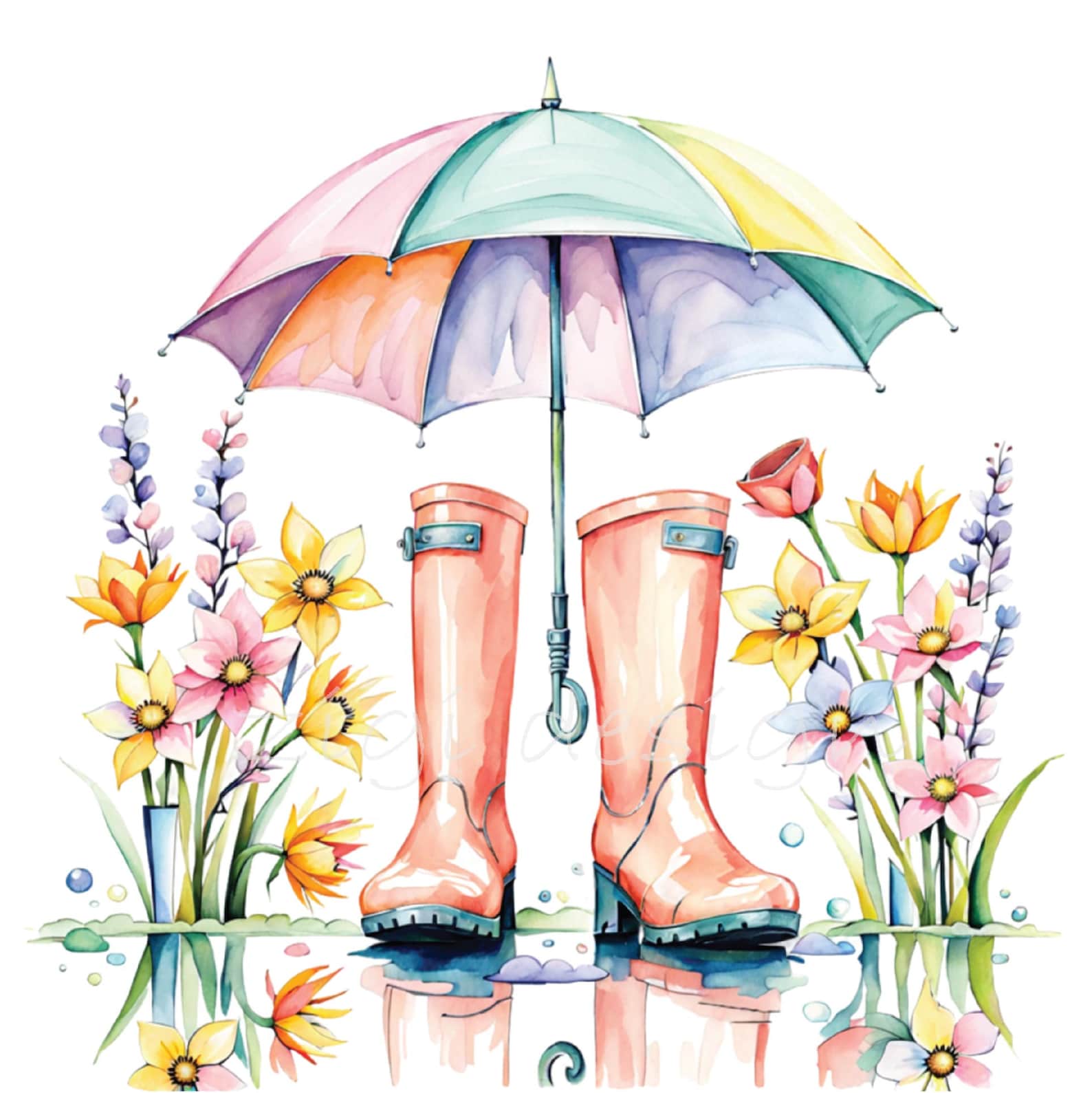 20 PNG Watercolor Rain Boots Umbrella Clipart, Spring Flower ...