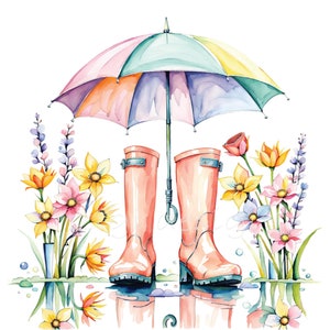 Rain Boots Clipart Bundle, 20 PNG Watercolor Umbrella Rubber Boots ...
