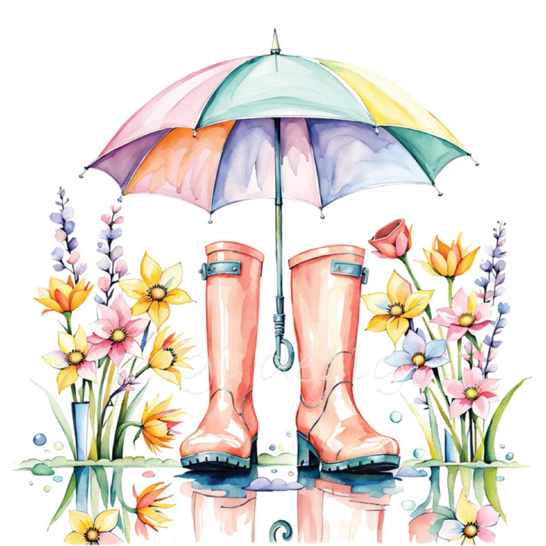20 PNG Watercolor Rain Boots Umbrella Clipart, Spring Flower ...
