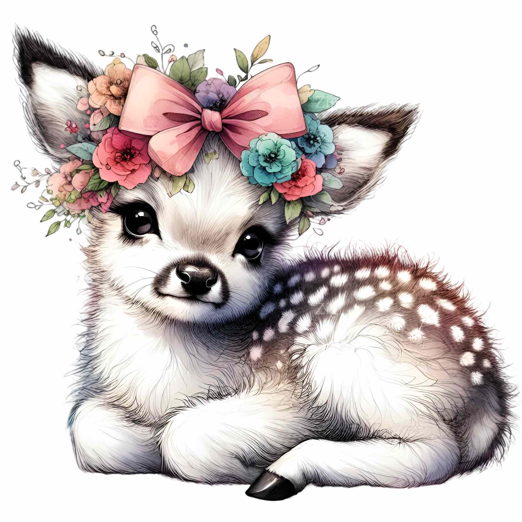 15 PNG Floral Baby Deer, Woodland Fawn Clipart, Pink Bow Messy Bun ...