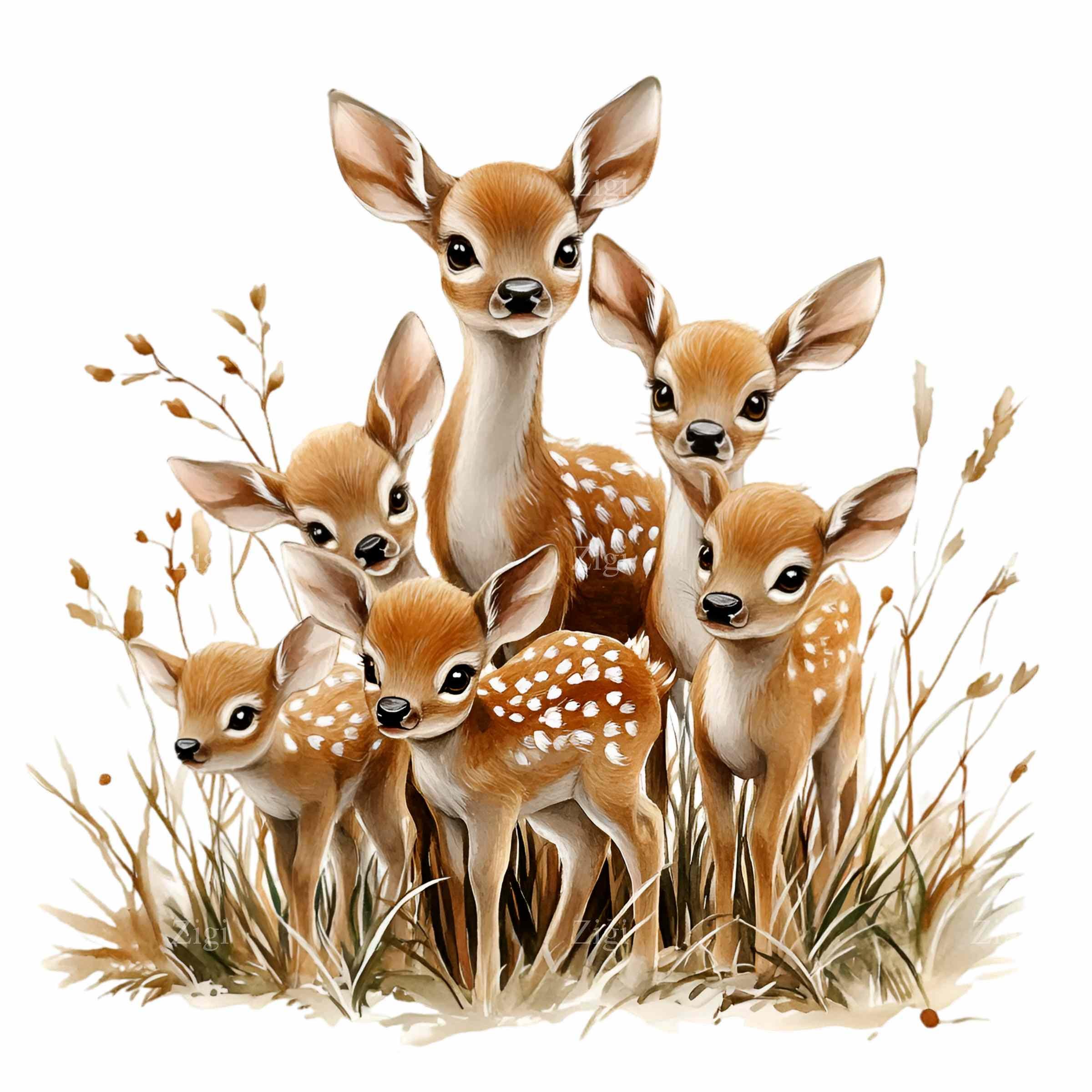 17 PNG Five Baby Deer, Woodland Family Clipart, Spotted Fawn Nursery ...