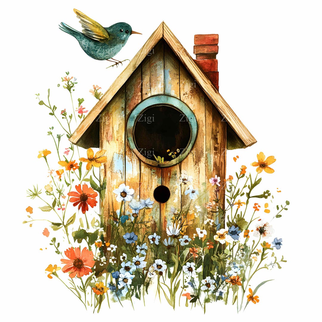28 JPG Birdhouse Watercolor Clipart, Spring Garden Bird, Rustic Floral ...