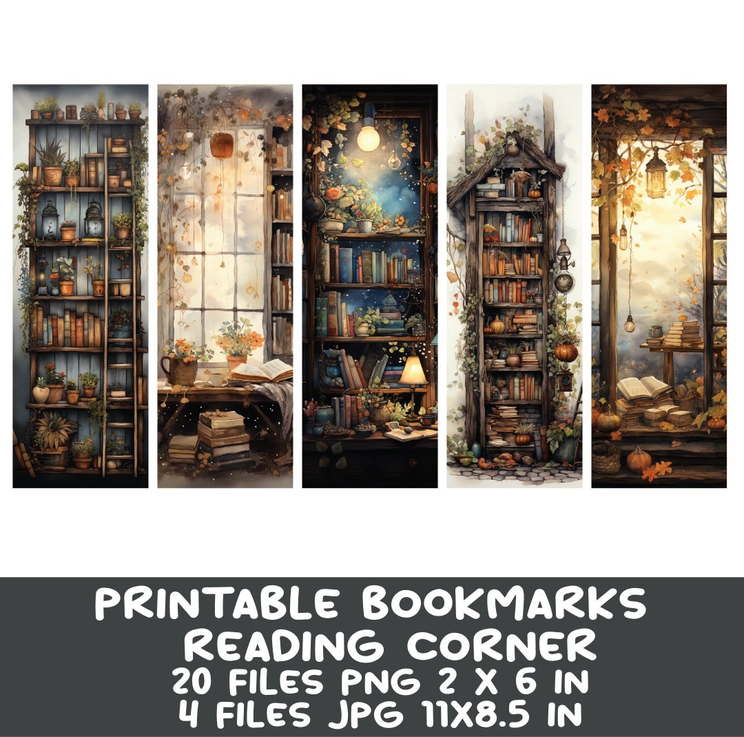 Printable Bookmarks Set, 20 Reading Corners & Bookshelves, Autumn ...