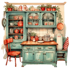 Retro Kitchen Clipart PNG, 19 Teal Watercolor Baking Cooking ...