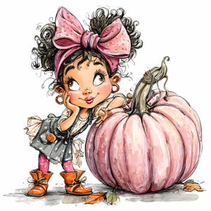 28 JPEG Pumpkin Girl Clipart – Cute Fall Cartoon JPG – Pink Pumpkin ...