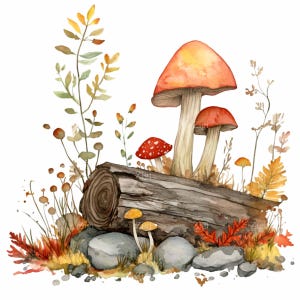 17 Forest Mushrooms on Log PNG Clipart, Orange Toadstools With Moss and ...