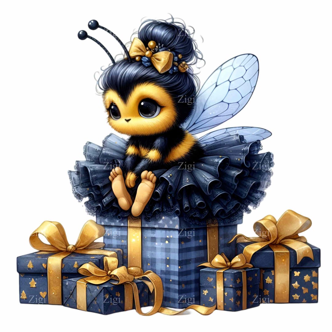 Cute Bee Ballerina on Blue and Gold Gift Boxes PNG Clipart, 12 ...