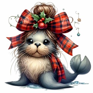 Christmas Seal Pup Clipart PNG 12 Adorable Seal With Plaid Bow, Holly ...