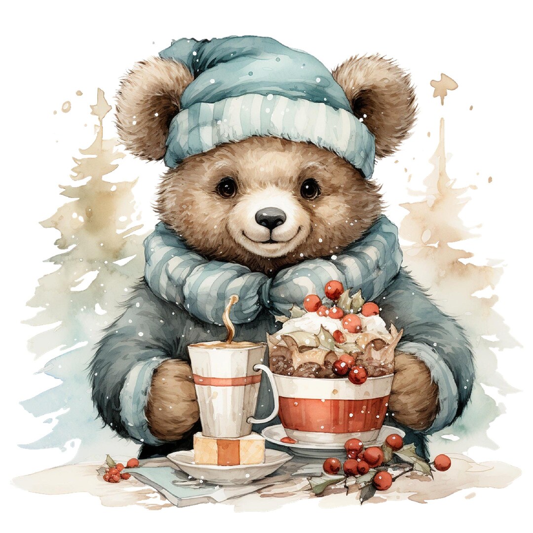 Winter Bear Clipart, 25 Cute Bear With Hot Cocoa Illustration, Festive ...