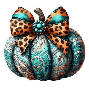 Elegant Fall Pumpkin Clipart PNG - 14 Intricate Turquoise and Orange ...