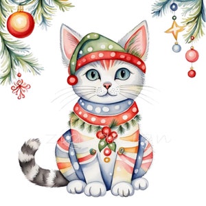 Christmas Cat Clipart 25 Watercolor Festive Kitten With Santa Hat and ...