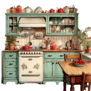 Retro Kitchen Clipart PNG, 19 Teal Watercolor Baking Cooking ...
