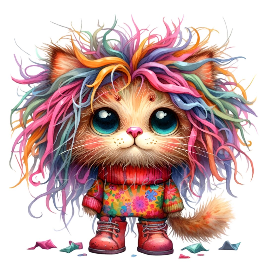Colorful Kitten With Rainbow Hair and Floral Sweater 12 PNG Clipart ...