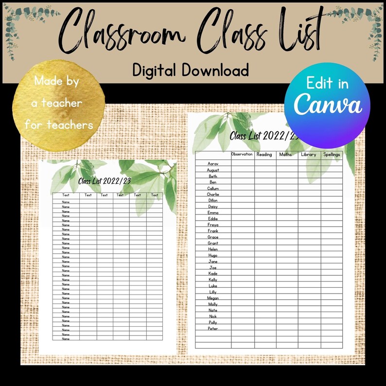 Classroom Class List Editable Printable Template Natural - Etsy Classroom Class List Editable Printable Template Natural - Etsy