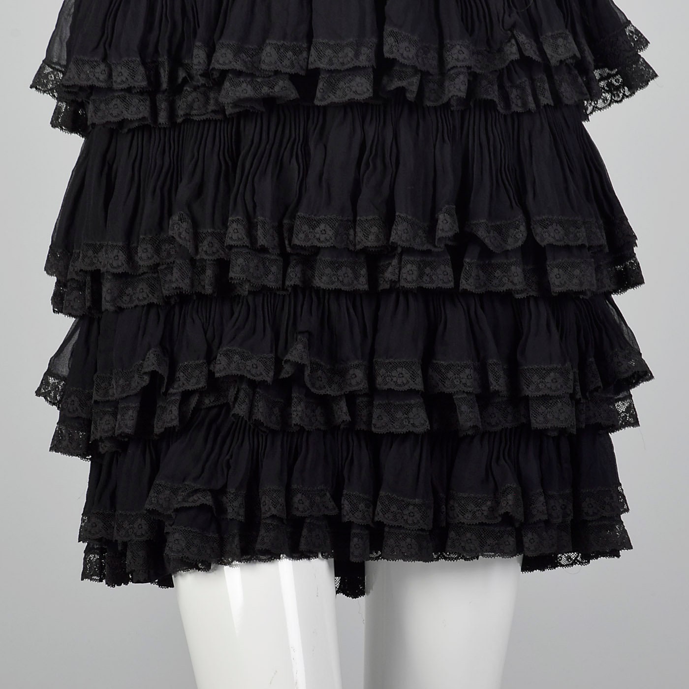 XXS Black Silk Ruffle Dress Lightweight Layered Lace Trim Pleated ...
