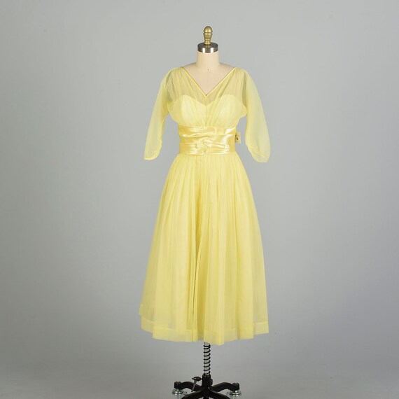 Medium 1950s Lemon Yellow Long Sleeve Cummerbund Even… - Gem