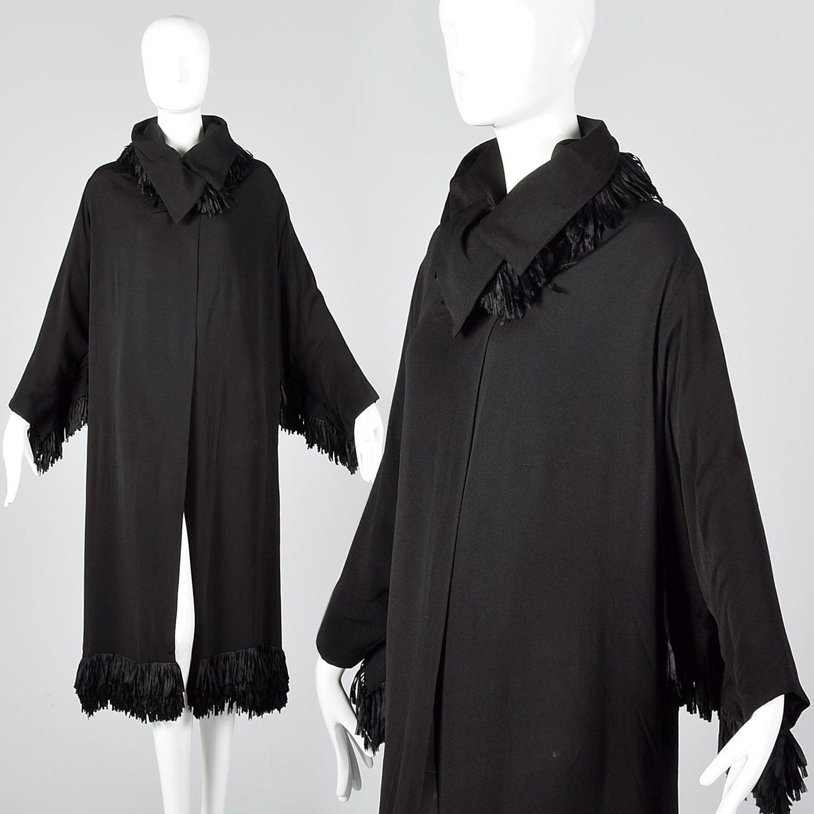 1920s Coat Black Silk Fringe Flapper Opera Coat Evening Formal Cocktail ...