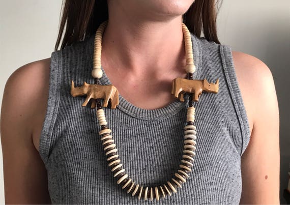 Vintage Bohemian Beaded Necklace Rhinoceros Cow Bone - Etsy