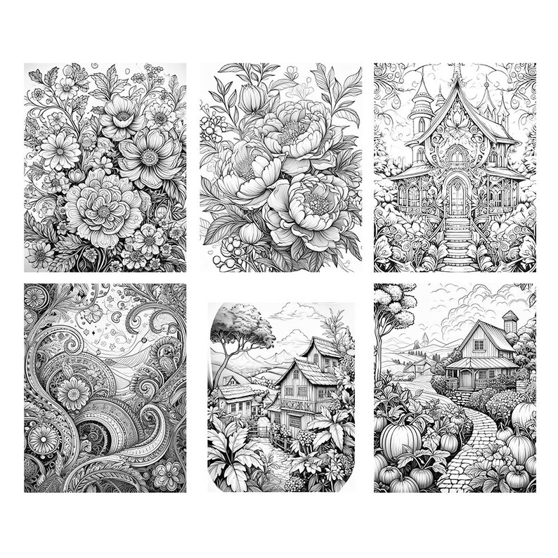 Nature-inspired Coloring Pages: 60 Black and White Designs (digital ...