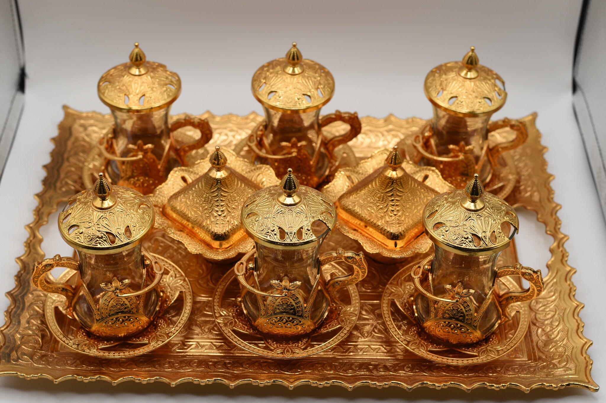 Premium Gold Turkish Tea Cups With Tops, Treat Bowls and Tray Serves 6 ...