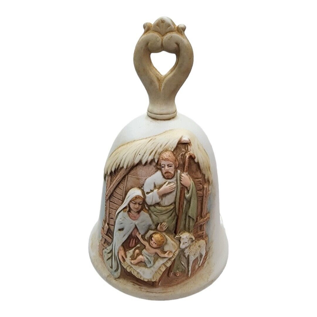 Christmas Vintage Nativity Bell Hand Painted Porcelain Bisque Bell ...