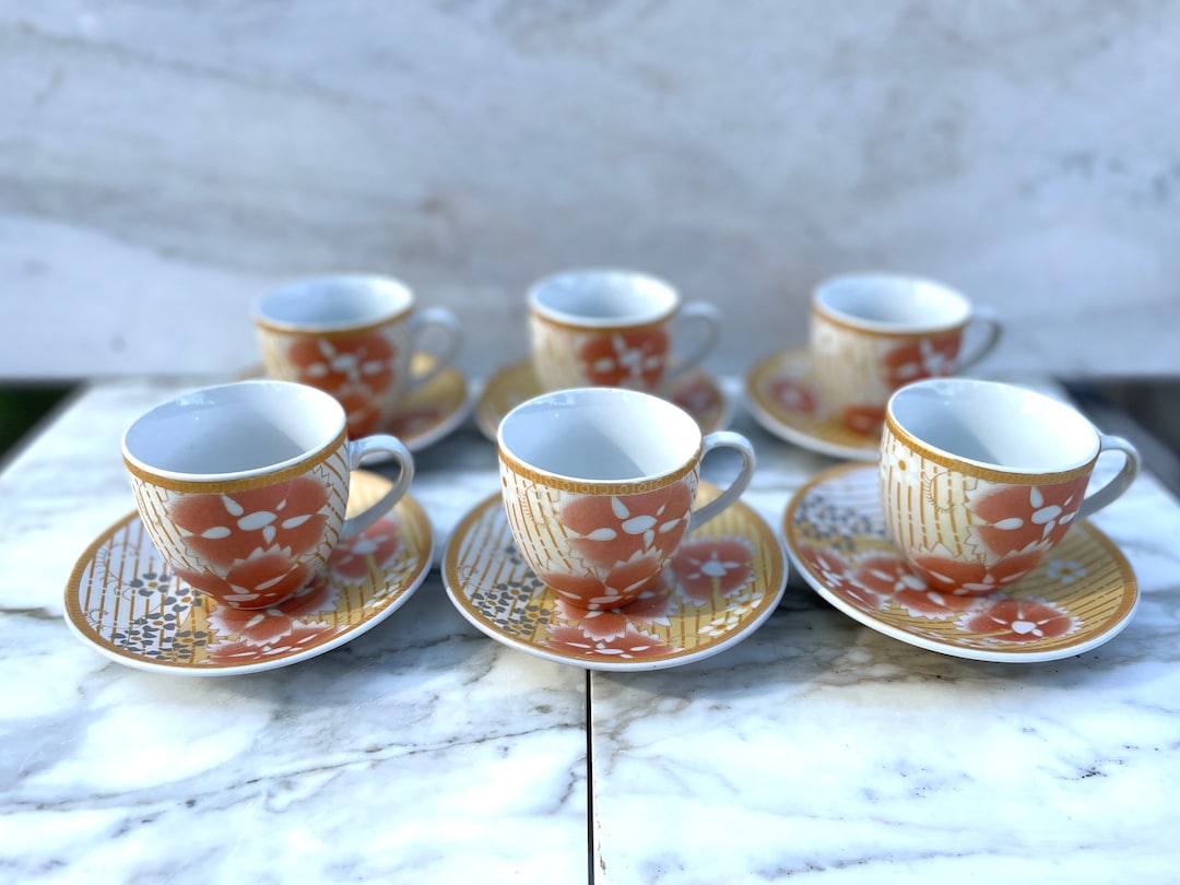 Vintage Chinese Tea Set - Yellow/gold Floral - 12 Piece Set (6 Cups & 6 ...