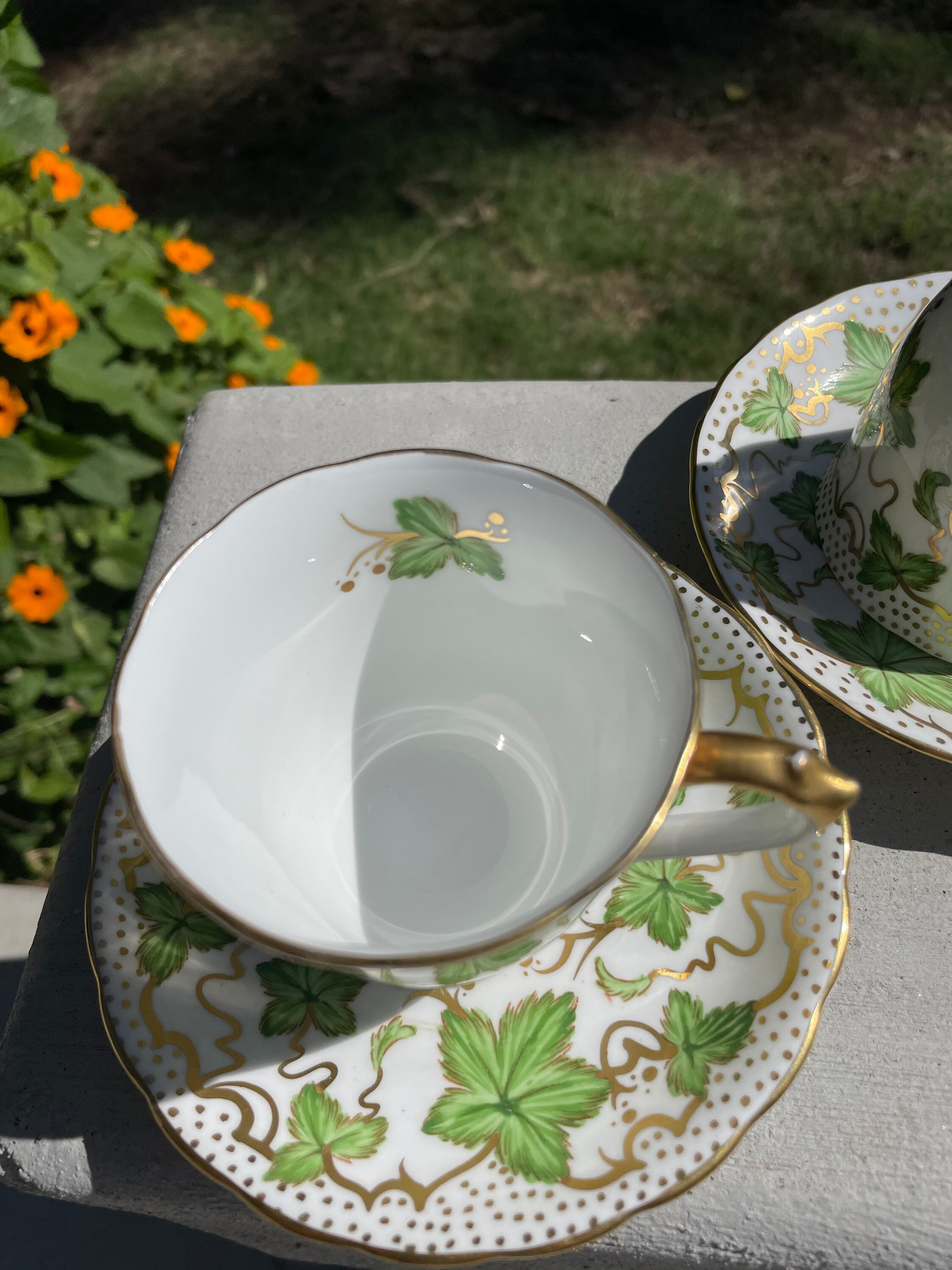 Vintage Beautiful Royal Chelsea Tea Cups and Saucers With Green Leaves ...
