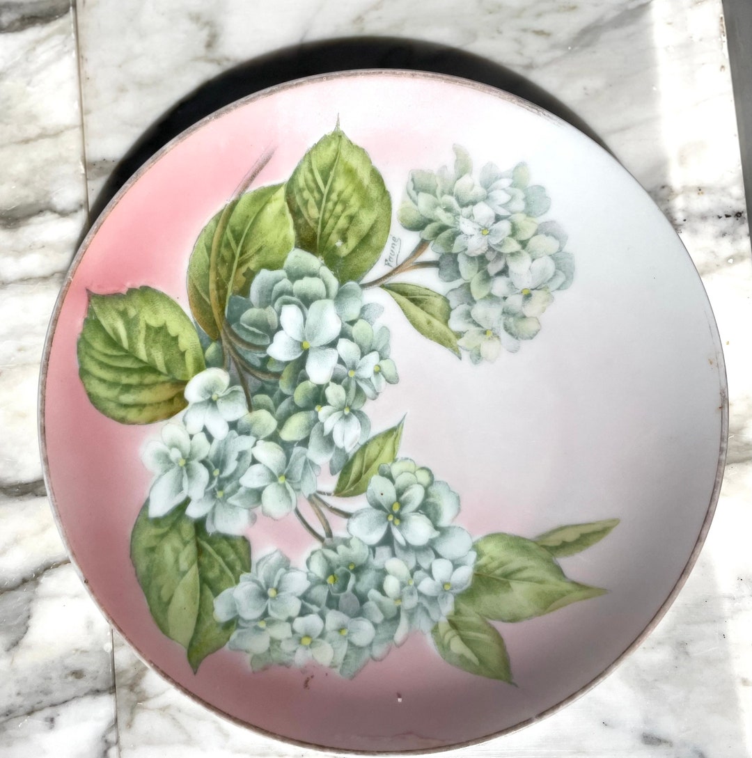 Vintage Pink Plate With Hydrangeas -hand Painted - Set of 1 - Etsy