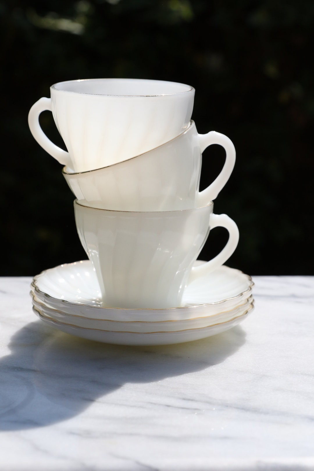 Vintage Anchor Hocking Fire-king Milk Glass and Gold Rim - Tea Cups and Saucers - SET of 3 - Etsy