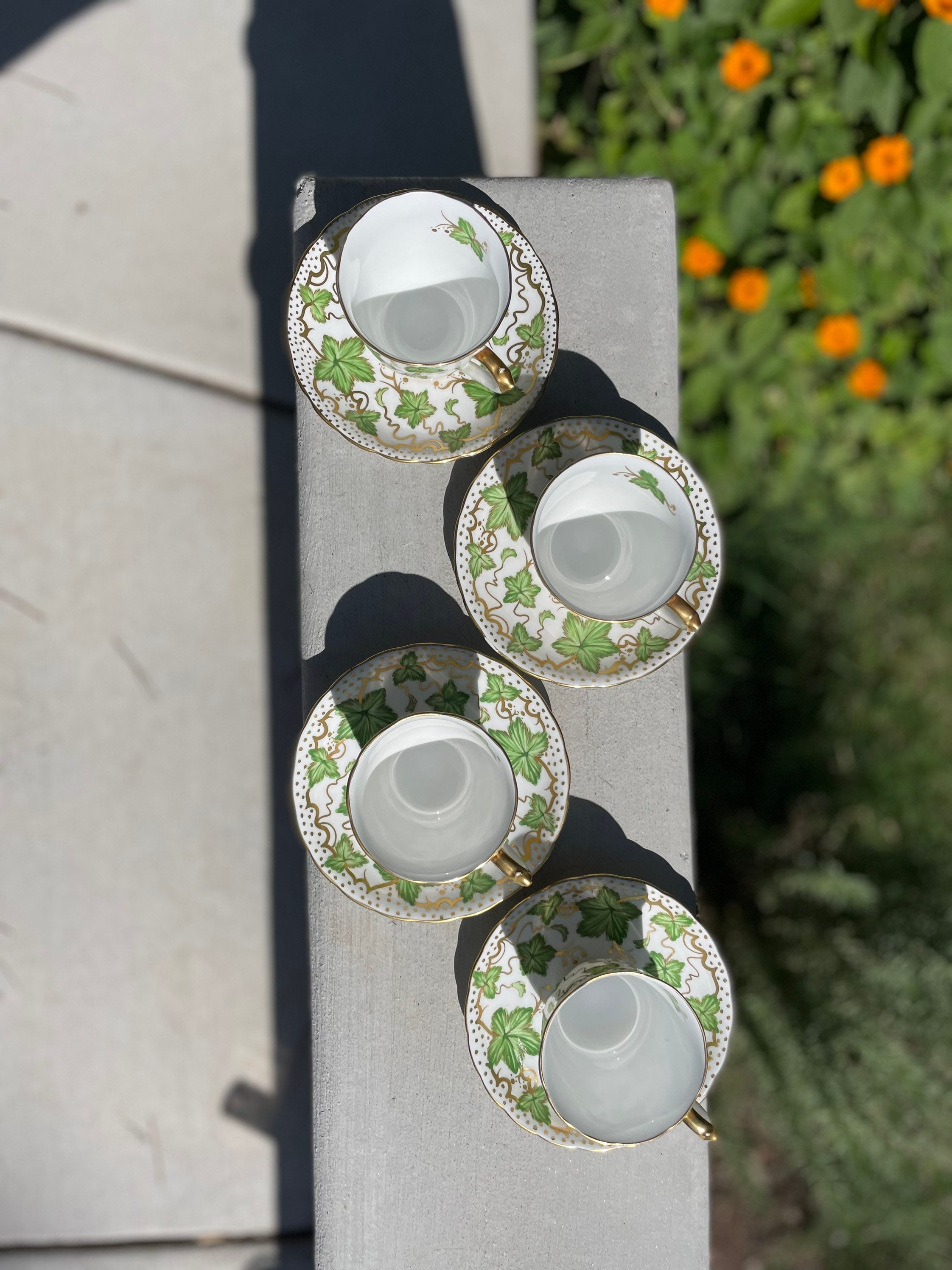 Vintage Beautiful Royal Chelsea Tea Cups and Saucers With Green Leaves ...