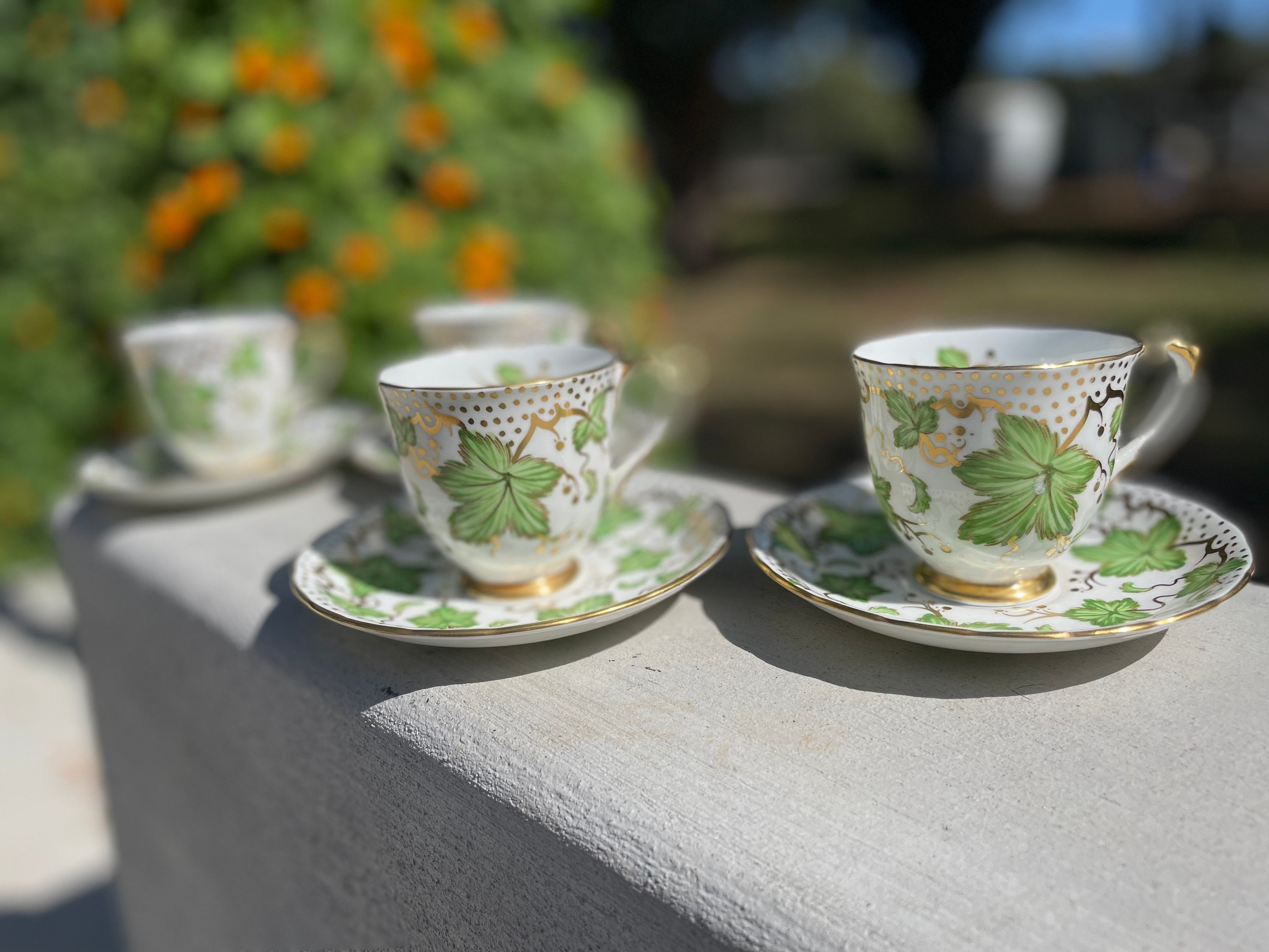 Vintage Beautiful Royal Chelsea Tea Cups and Saucers With Green Leaves ...