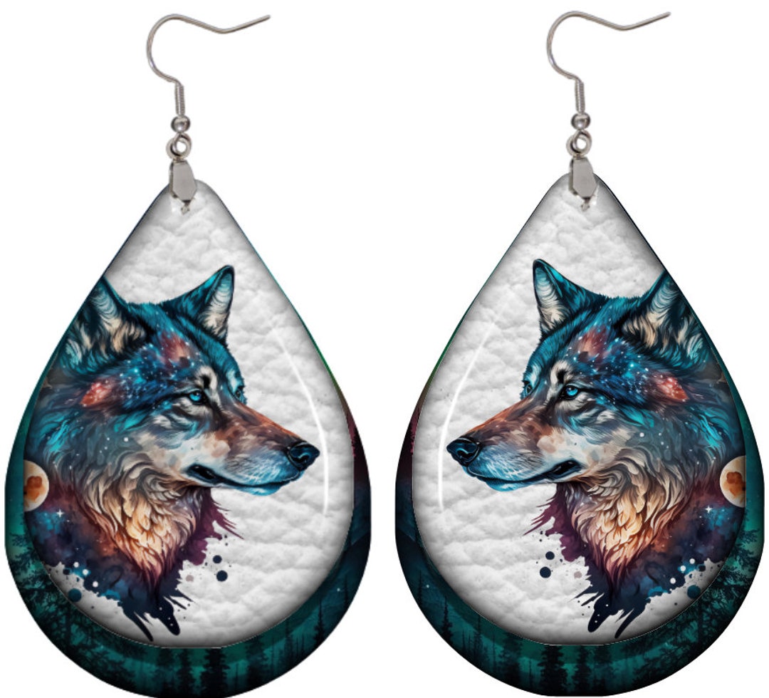 3D Northern Lightw Wolf Teardrop Earrings Sublimation Design - Etsy