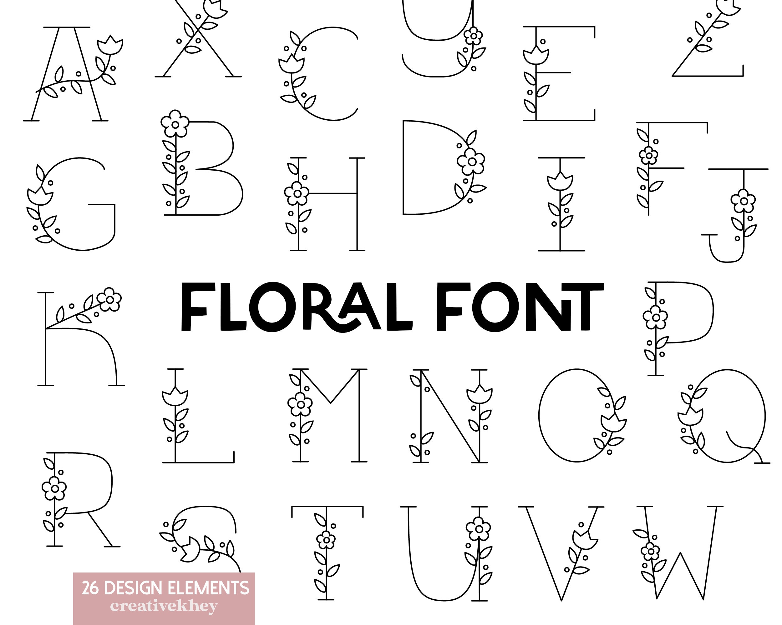 Cute Floral Alphabet Clipart, Simple Floral Font, Botanical Alphabet ...