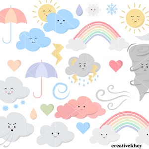 Cute Weather Clipart, Kawaii Weather, Rain Clipart, Rainbow Clipart ...