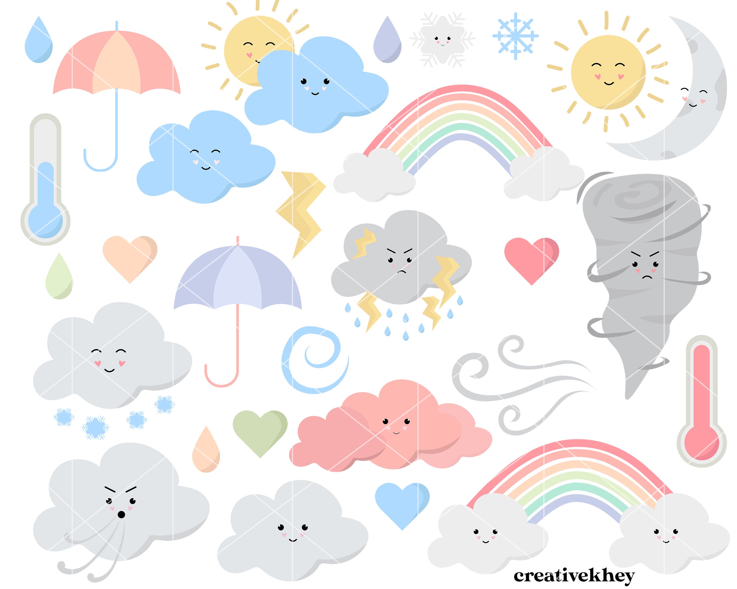 Cute Weather Clipart, Kawaii Weather, Rain Clipart, Rainbow Clipart ...