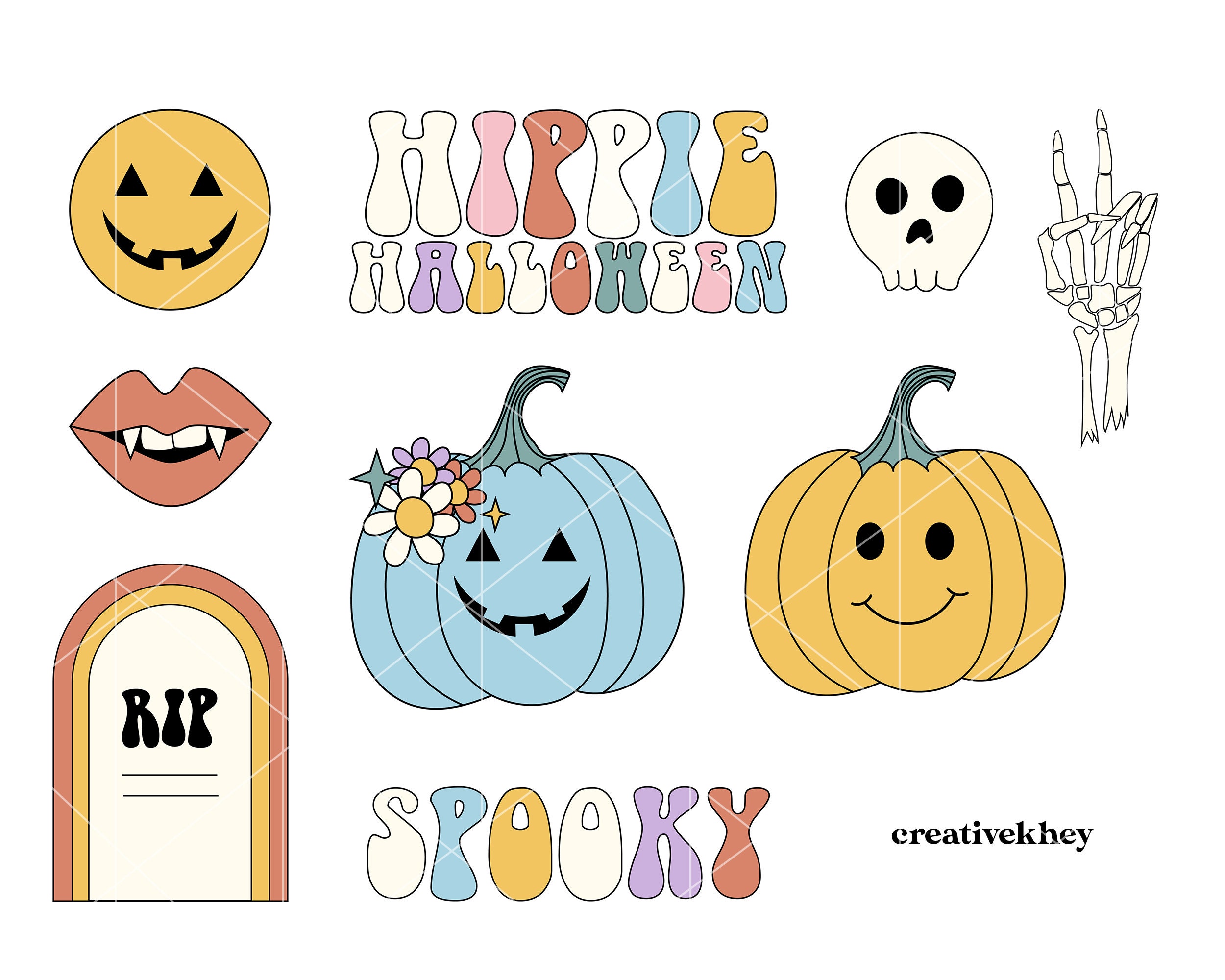 Hippie Halloween Clipart, Groovy Halloween Clipart, 60's Clipart, Retro ...