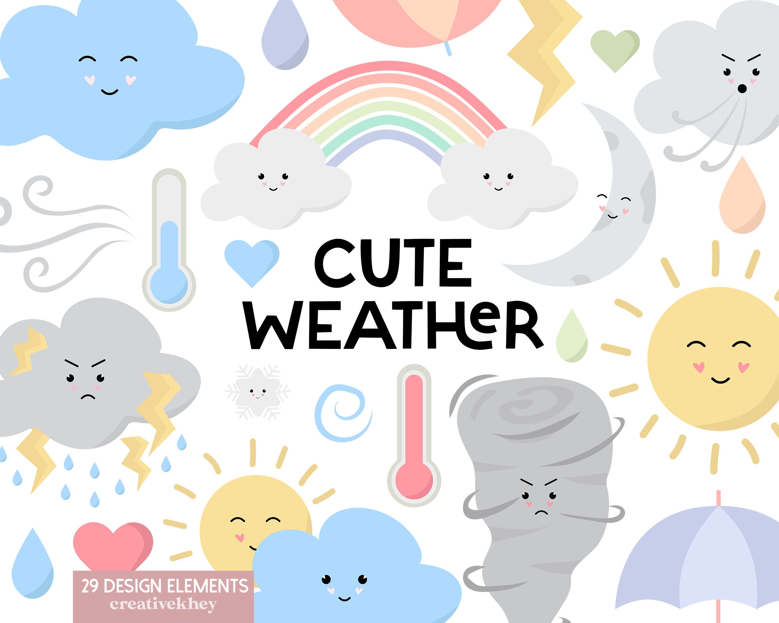 Cute Weather Clipart, Kawaii Weather, Rain Clipart, Rainbow Clipart ...