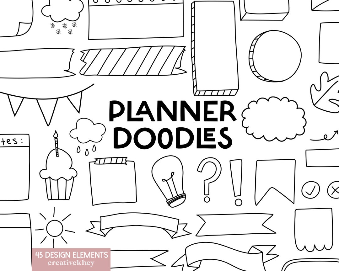 Black and White Planner Doodle Clipart, Doodle Clipart, Hand Drawn ...