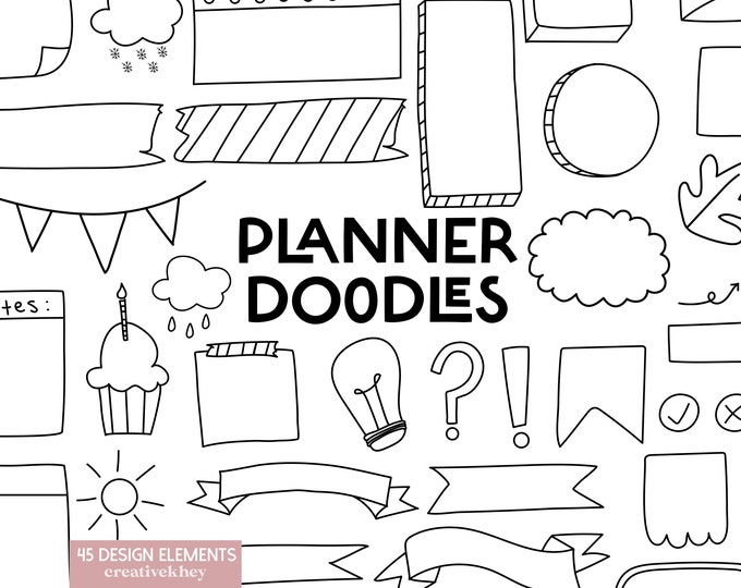 Doodle Notes Clipart - Hand Doodled Sticky Notes - Black & White Note ...