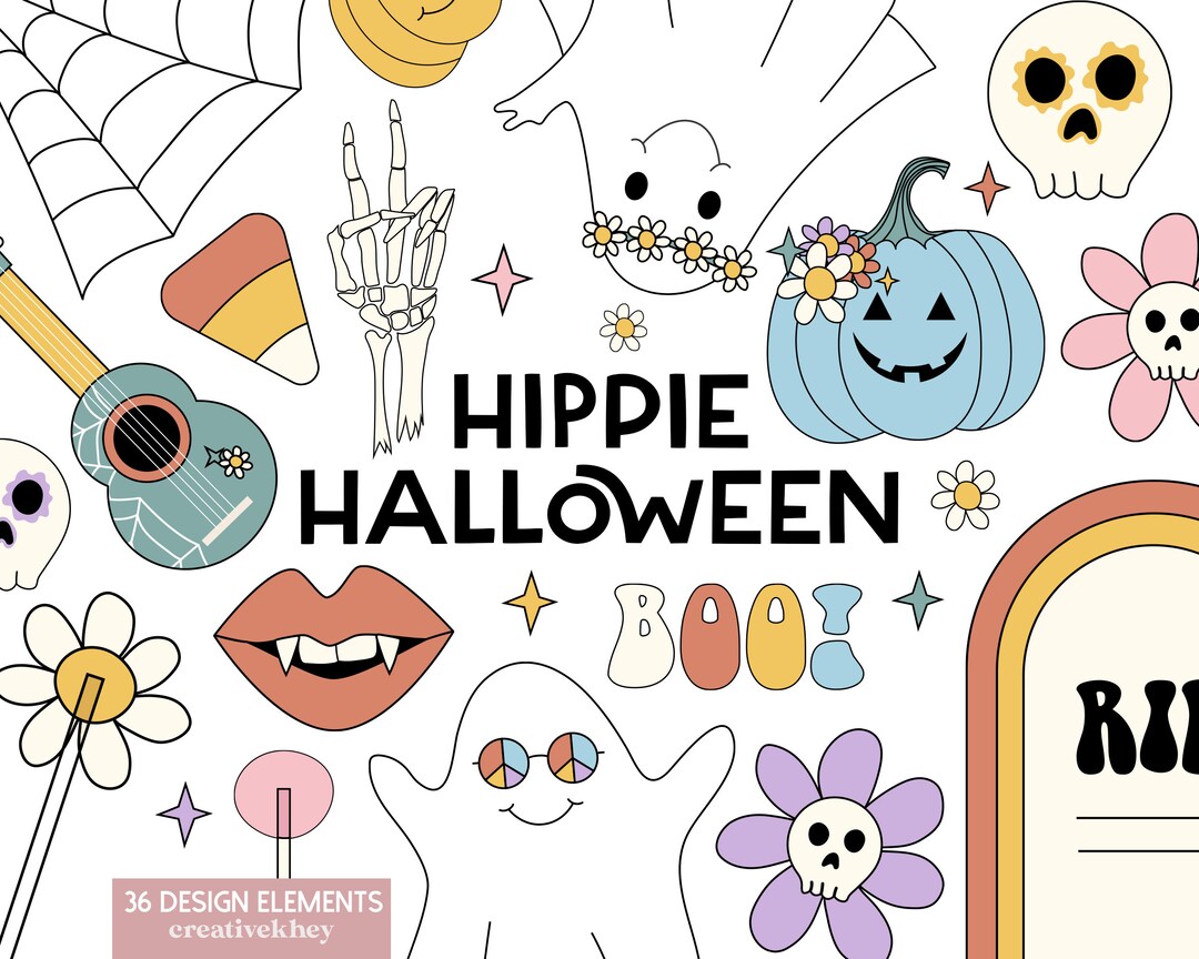 Hippie Halloween Clipart, Groovy Halloween Clipart, 60's Clipart, Retro ...