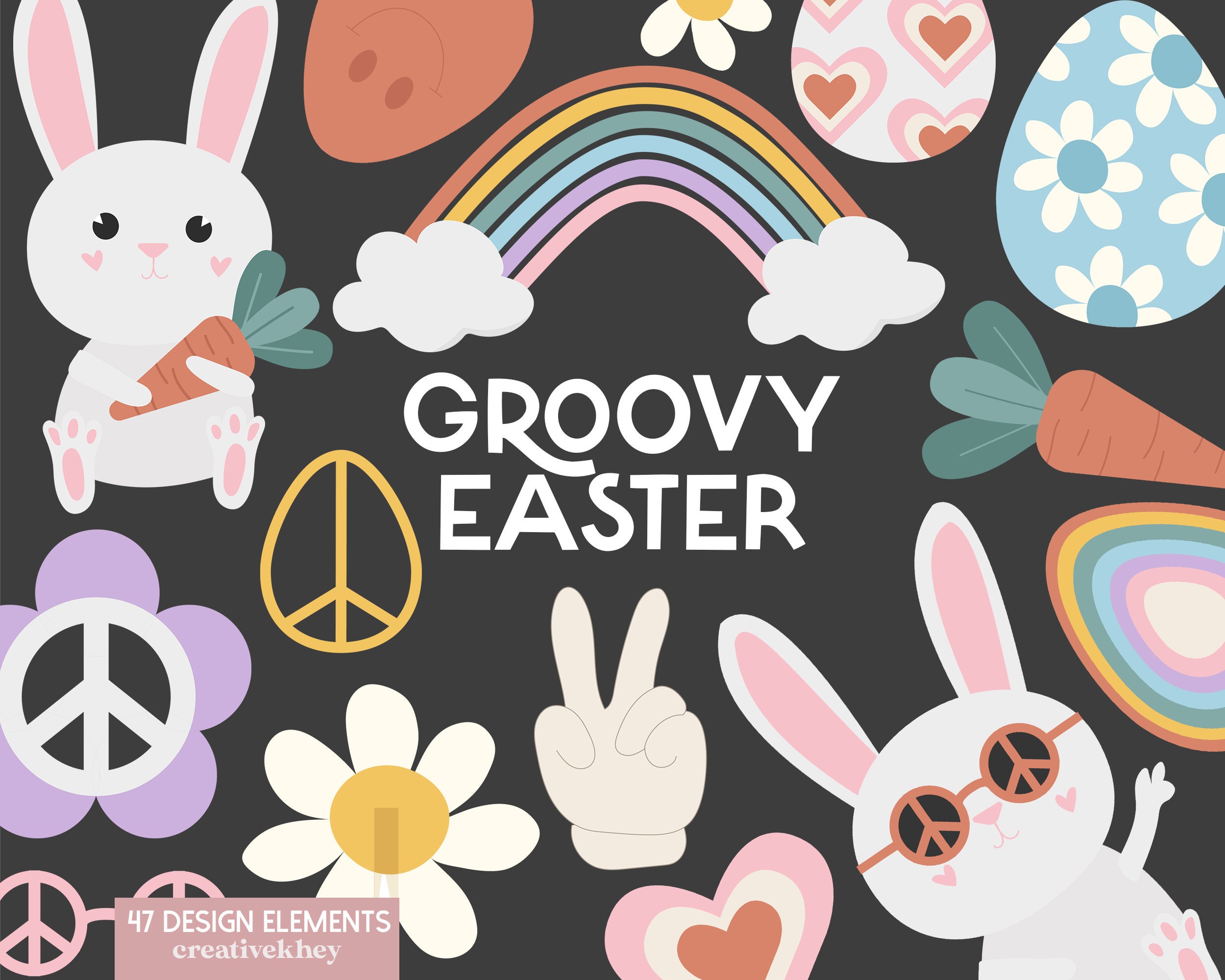 Retro Easter Clipart, Hippie Easter, Groovy Easter Clipart, Cute Easter ...