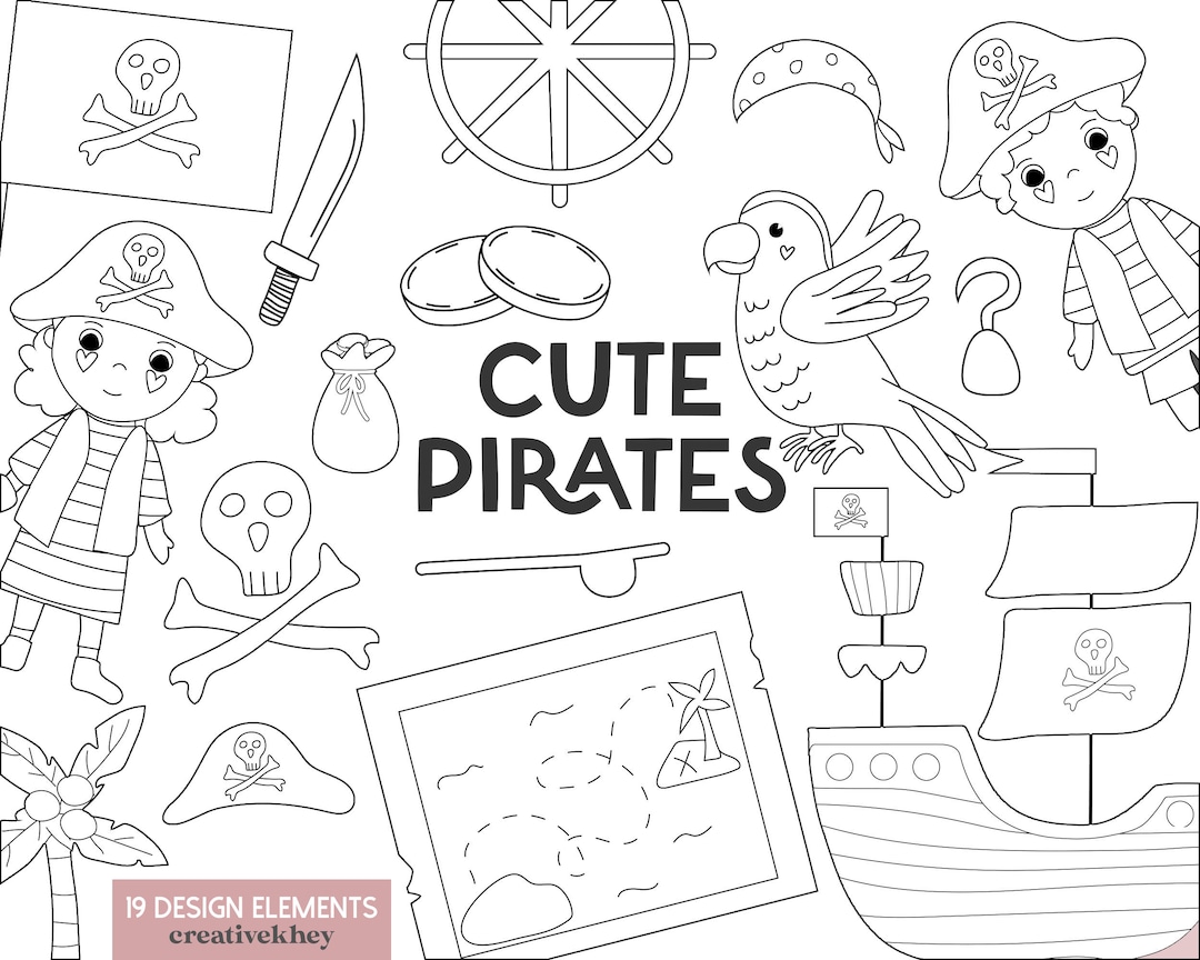 Pirates Black and White Clipart, Cute Pirates Clipart, Pirate Party ...