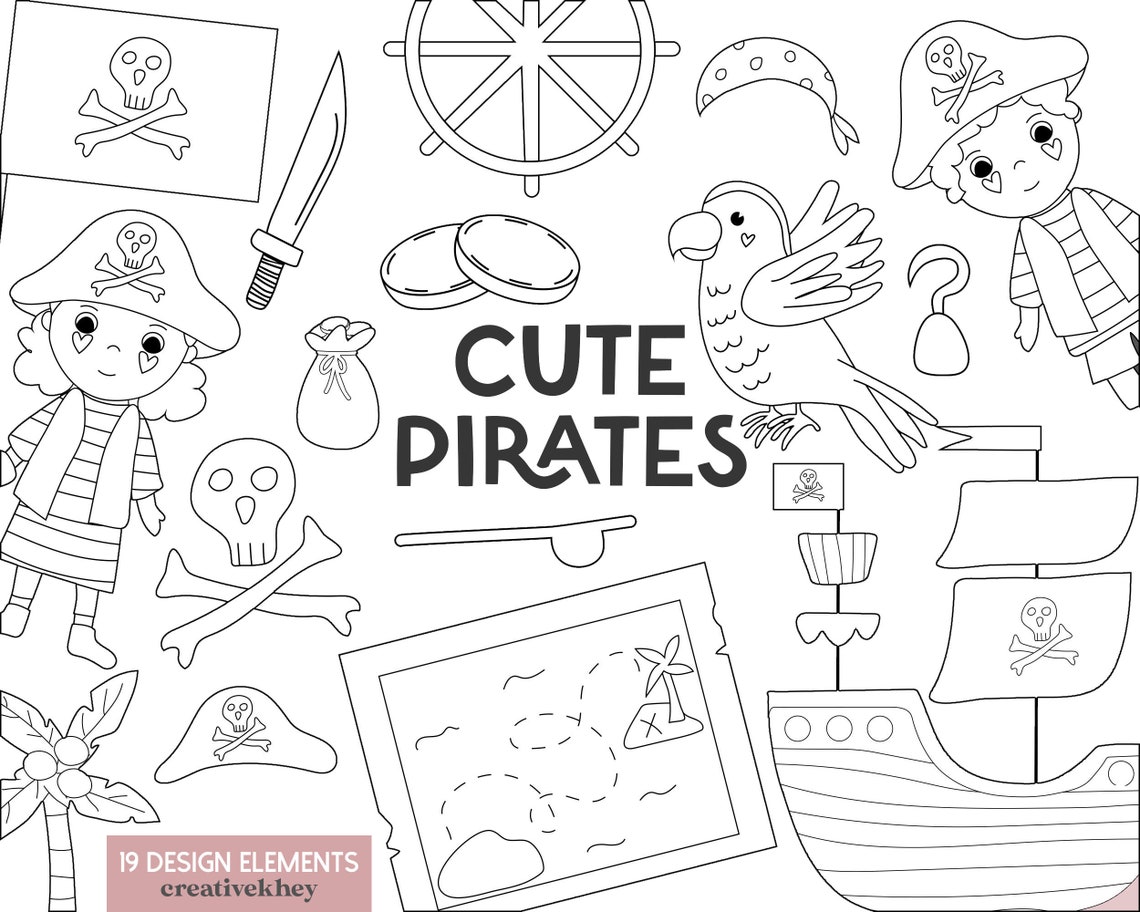 Pirates Black and White Clipart, Cute Pirates Clipart, Pirate Party ...