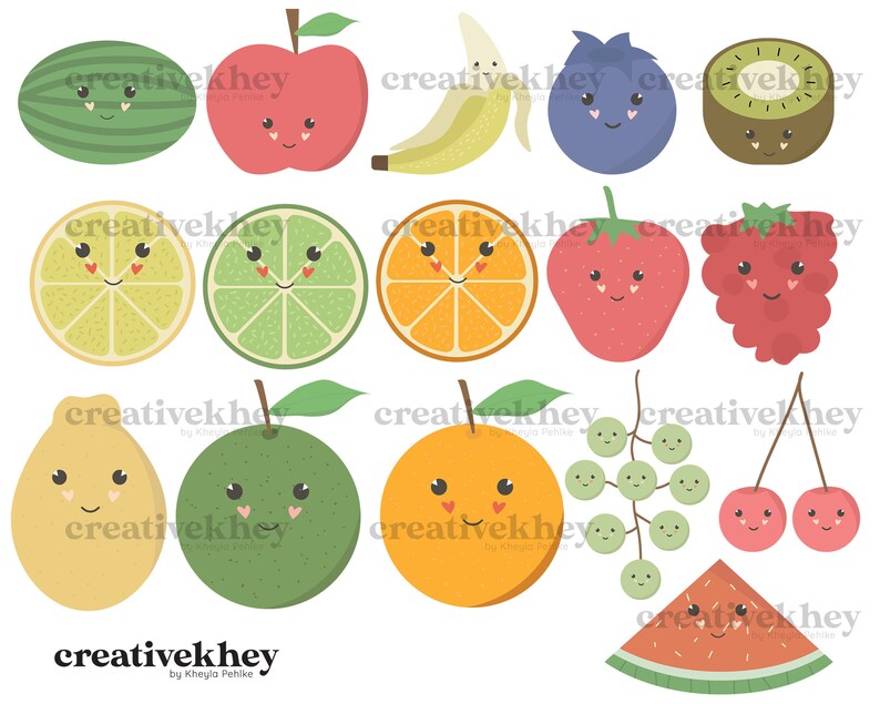 Cute Fruit Clipart, Kawaii Fruit Clipart, Fruit PNG, Watermelon Clipart ...